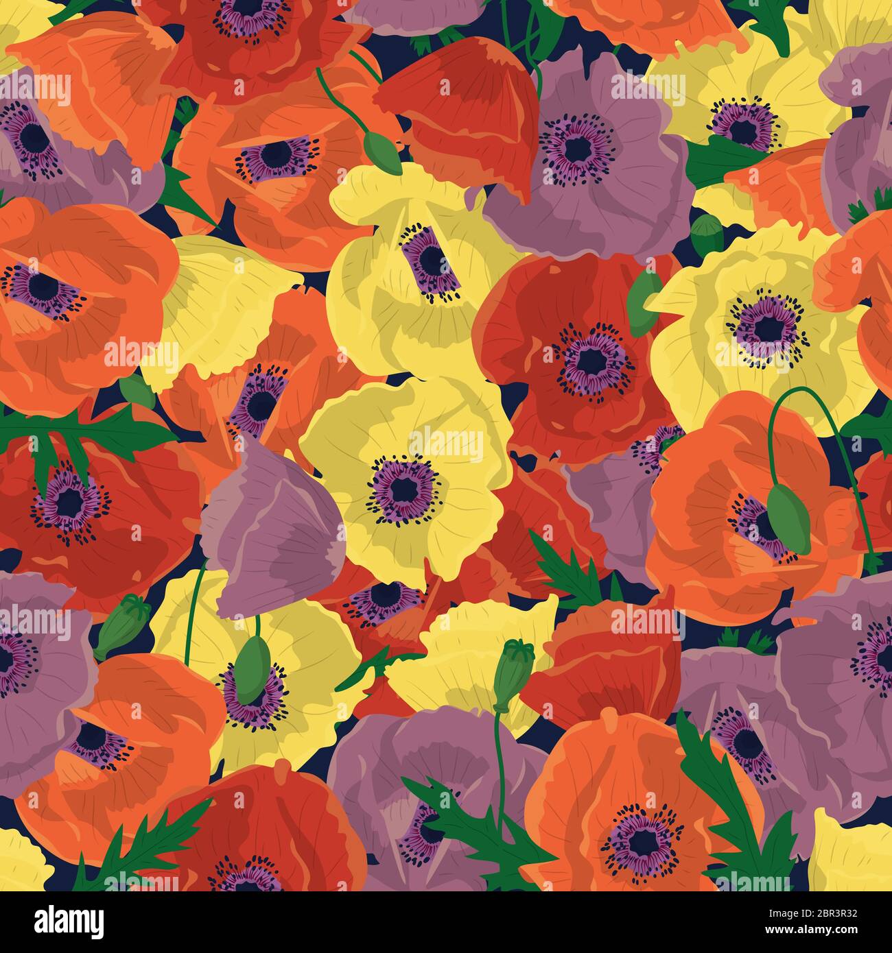 Colorful floral seamless pattern with hand drawn poppy flowers on white ...