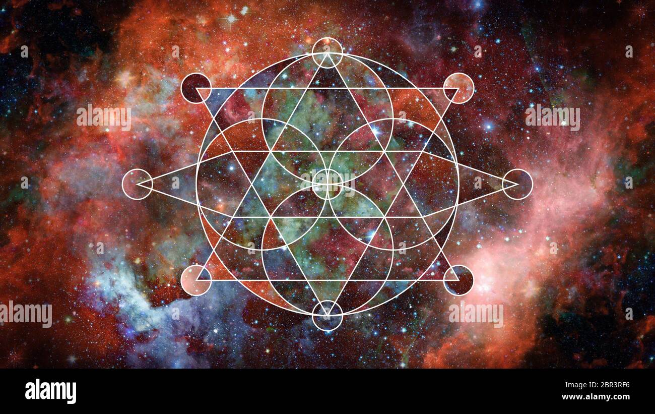 Abstract cosmos geometric background with polygons, triangles, stars ...