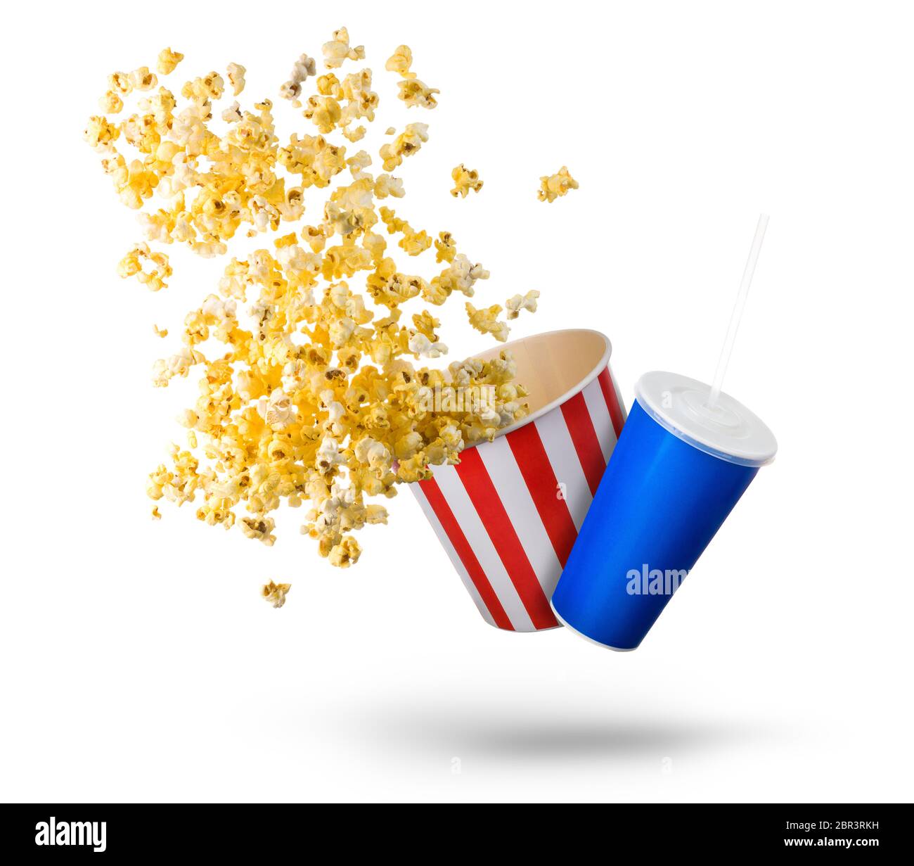 Paper striped bucket with popcorn and cup of soft drink isolated on ...