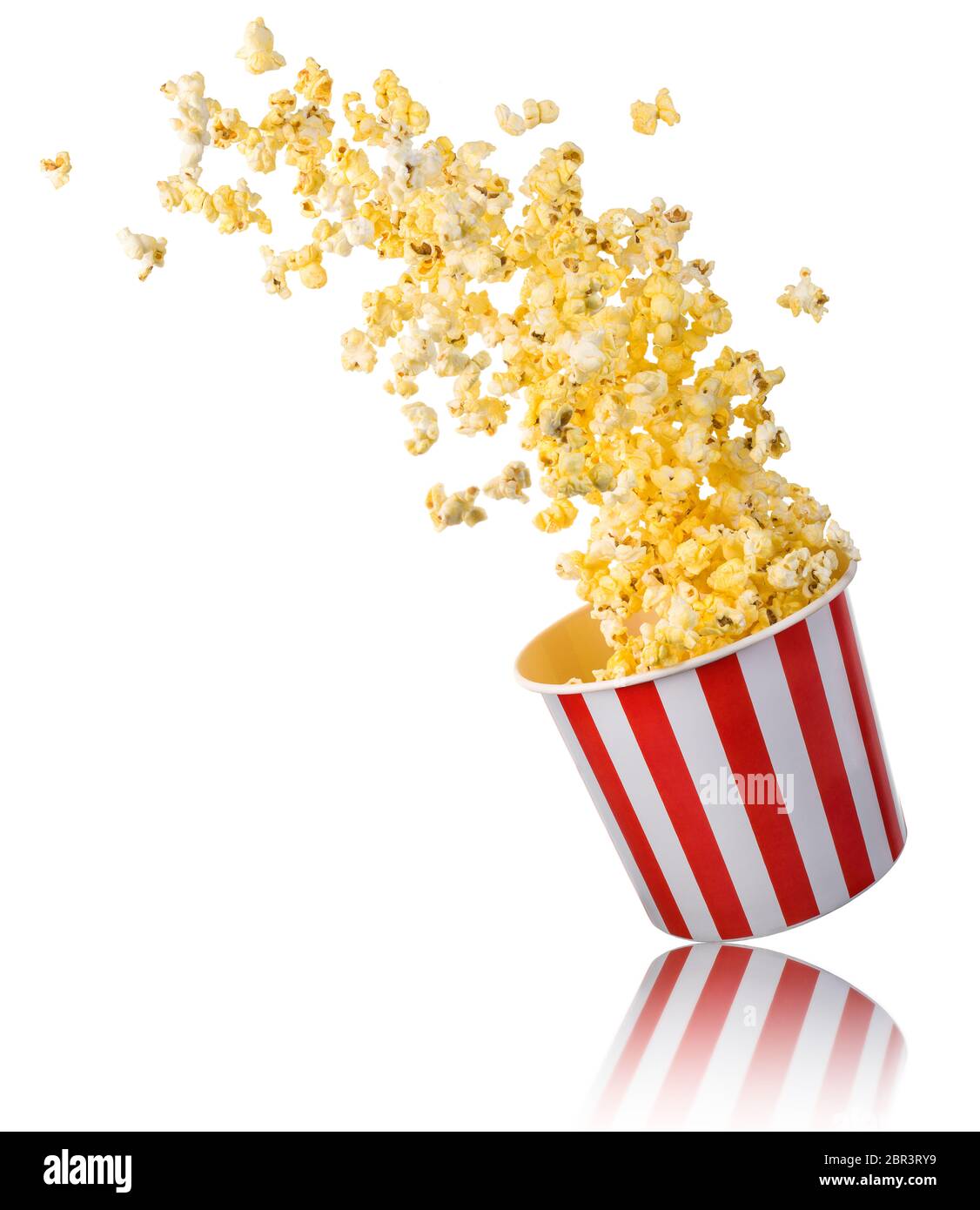 Flying popcorn from paper striped bucket isolated on white background ...