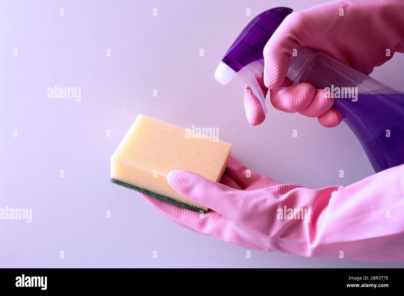 human hands in rubber gloves holding sponge and spray bottle detergent ...