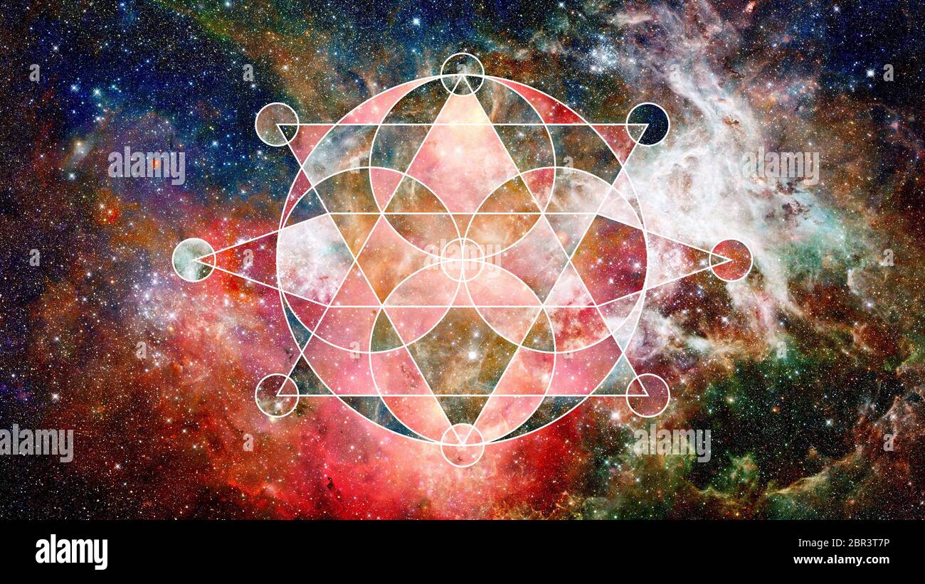 Abstract cosmos geometric background with polygons, triangles, stars ...