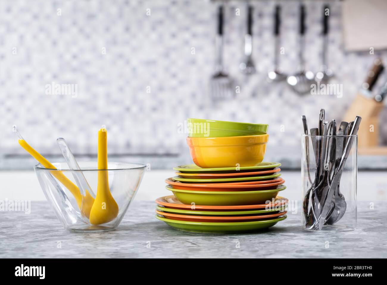 Various Kitchen Utensils Arrange In A Row Over Kitchen Worktop Stock ...