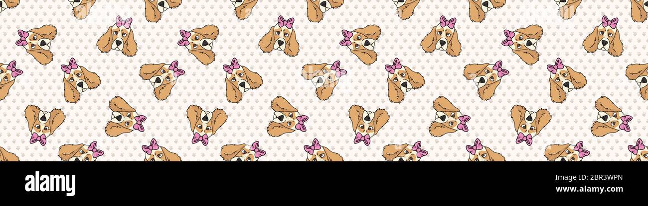Hand drawn cute cocker spaniel dog face with pink bow breed seamless ...