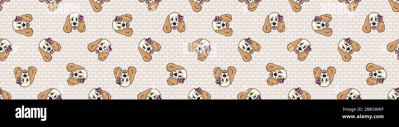 Hand drawn cute cocker spaniel puppy face with pink bow breed seamless ...
