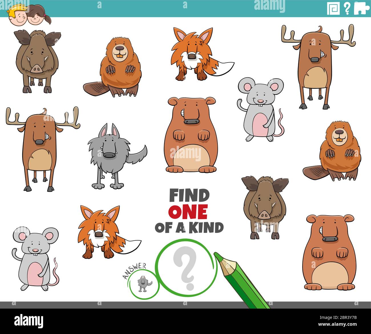 Cartoon Illustration of Find One of a Kind Picture Educational Game ...