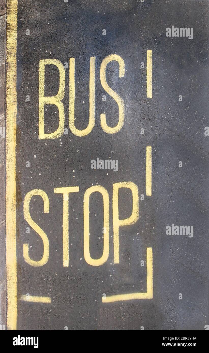 Yellow bus stop sign on street pavement Stock Photo - Alamy