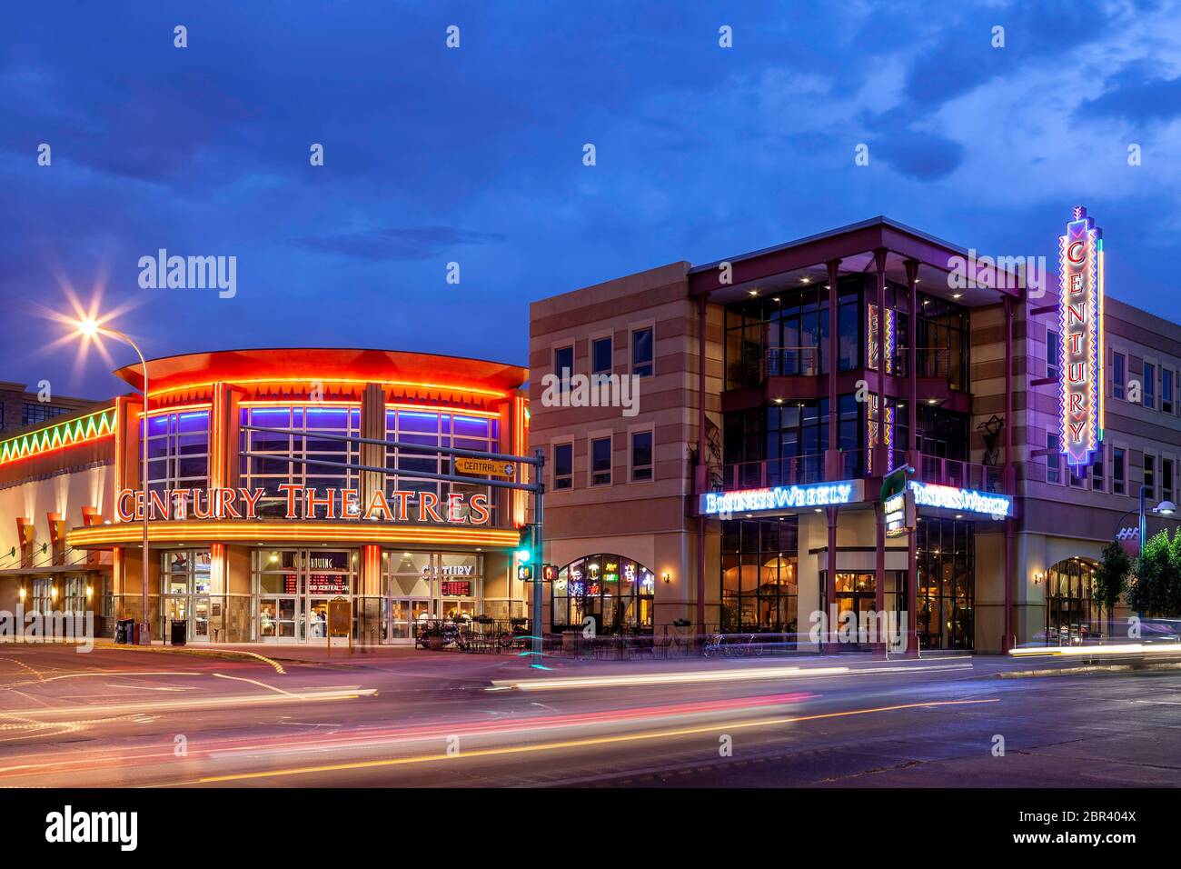 Streaking car lights and store fronts on Route 66, Central Avenue ...