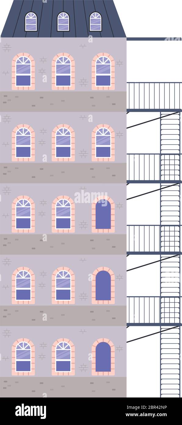 Isolated windows and escape stairs outside white building vector design ...