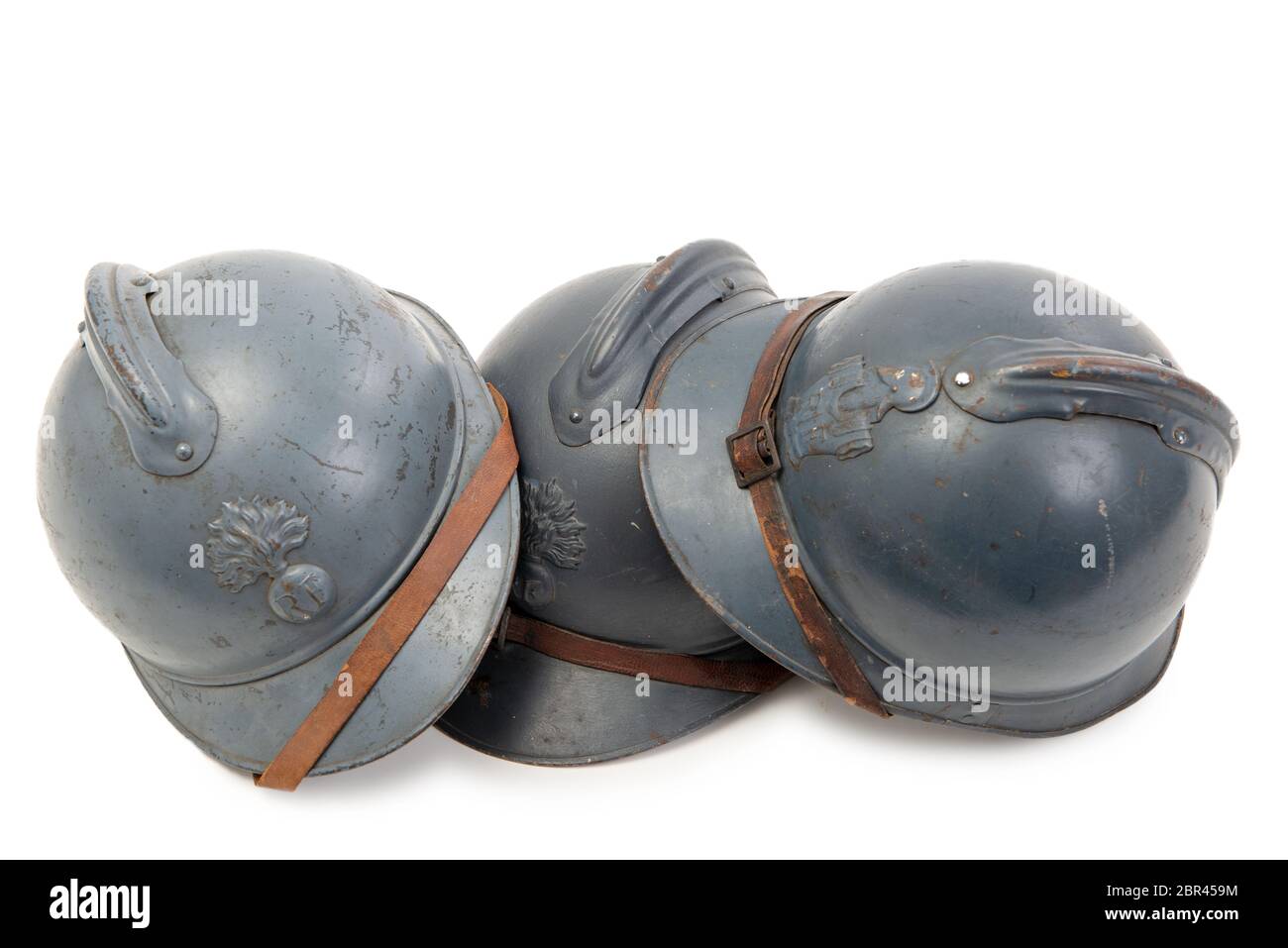 three french military helmets of the First World War on the white ...