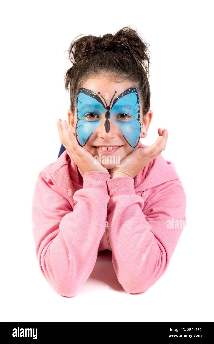 Girl with animal face-paint isolated in white Stock Photo - Alamy