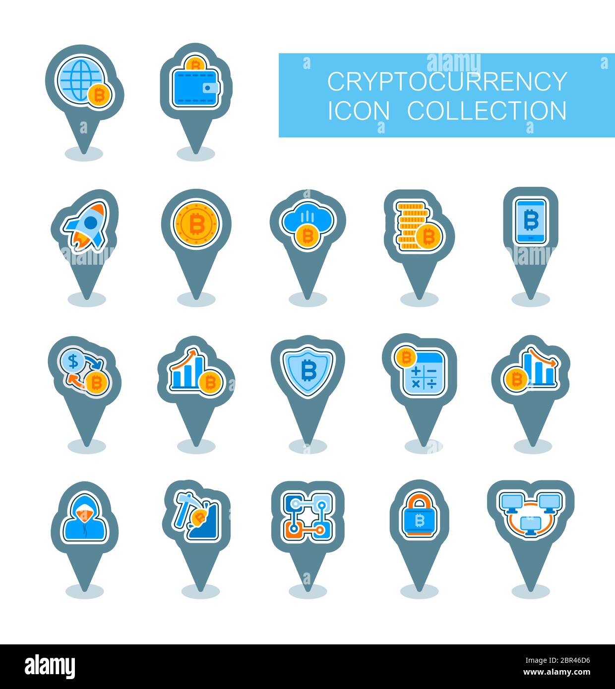Cryptocurrency and blockchain pin map icons. Map pointer. Map markers. Vector design of ...