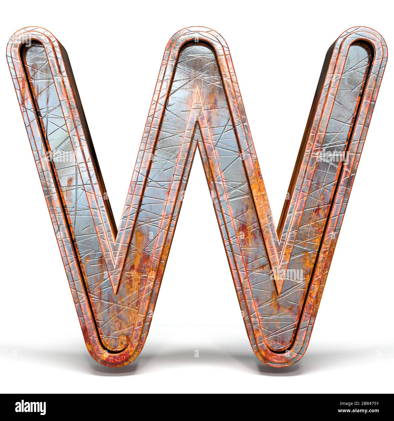 Rusty metal font Letter W 3D render illustration isolated on white ...