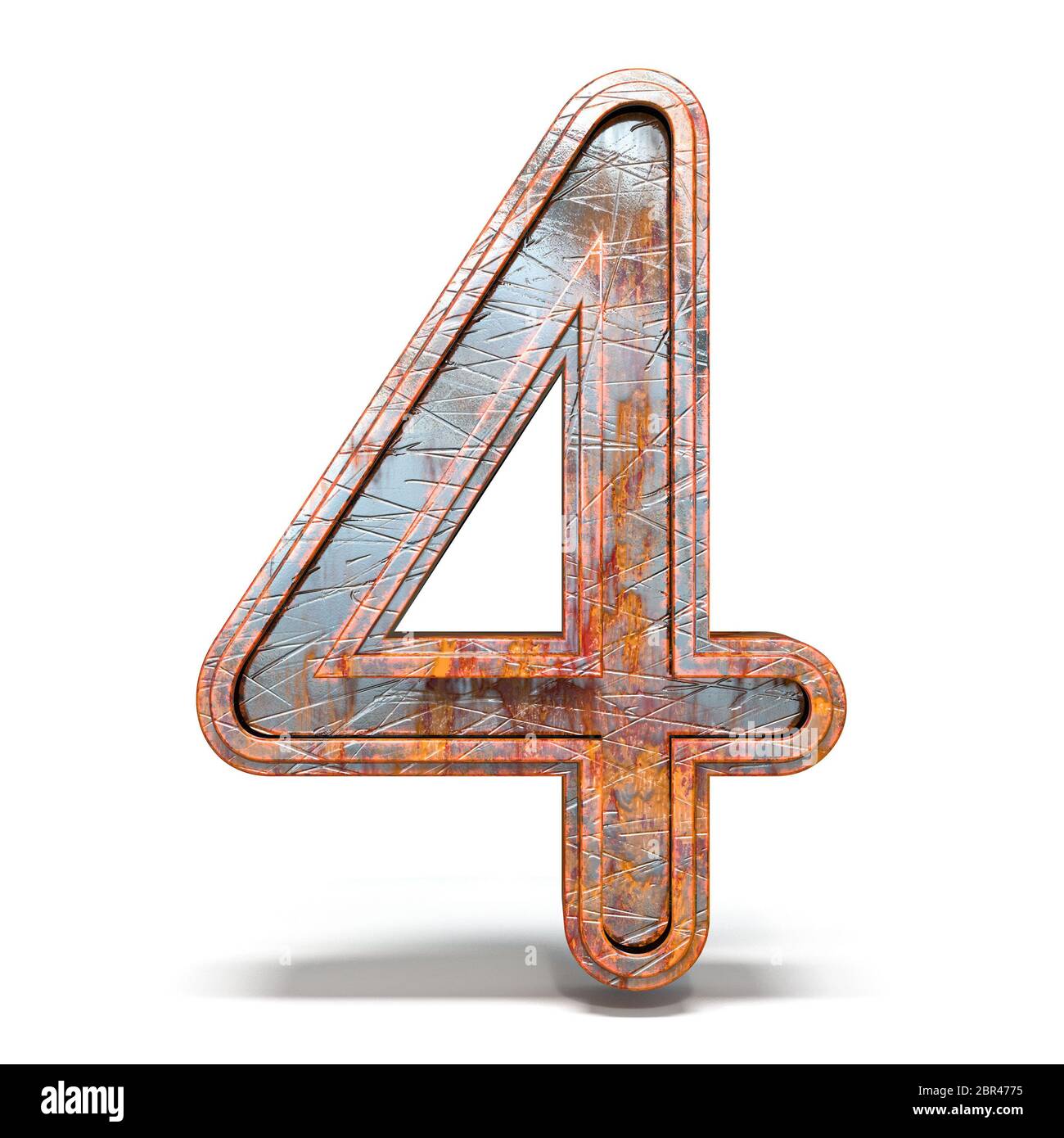 Rusty metal font Number 4 FOUR 3D render illustration isolated on white ...