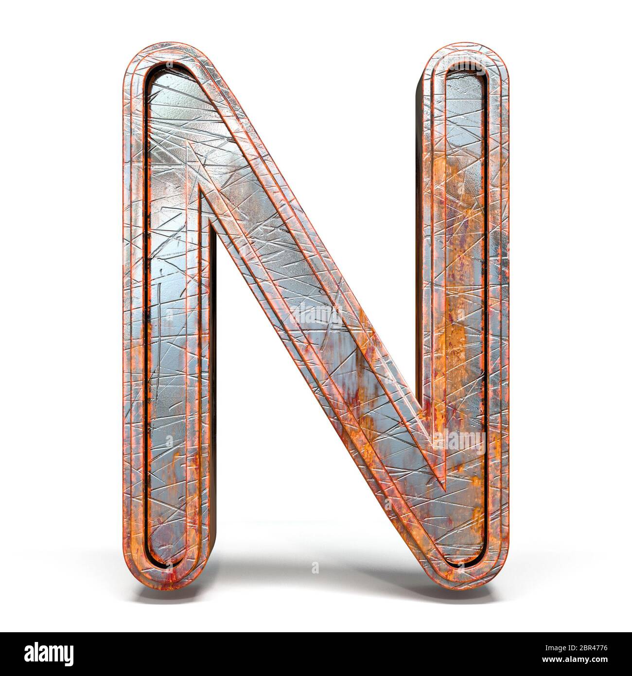Rusty metal font Letter N 3D render illustration isolated on white ...