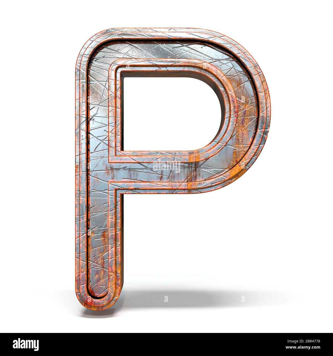 Rusty metal font Letter P 3D render illustration isolated on white ...