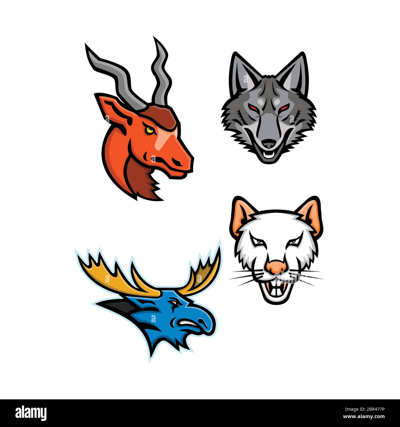Mascot icon illustration set of heads of an addax, grey coyote, bull ...