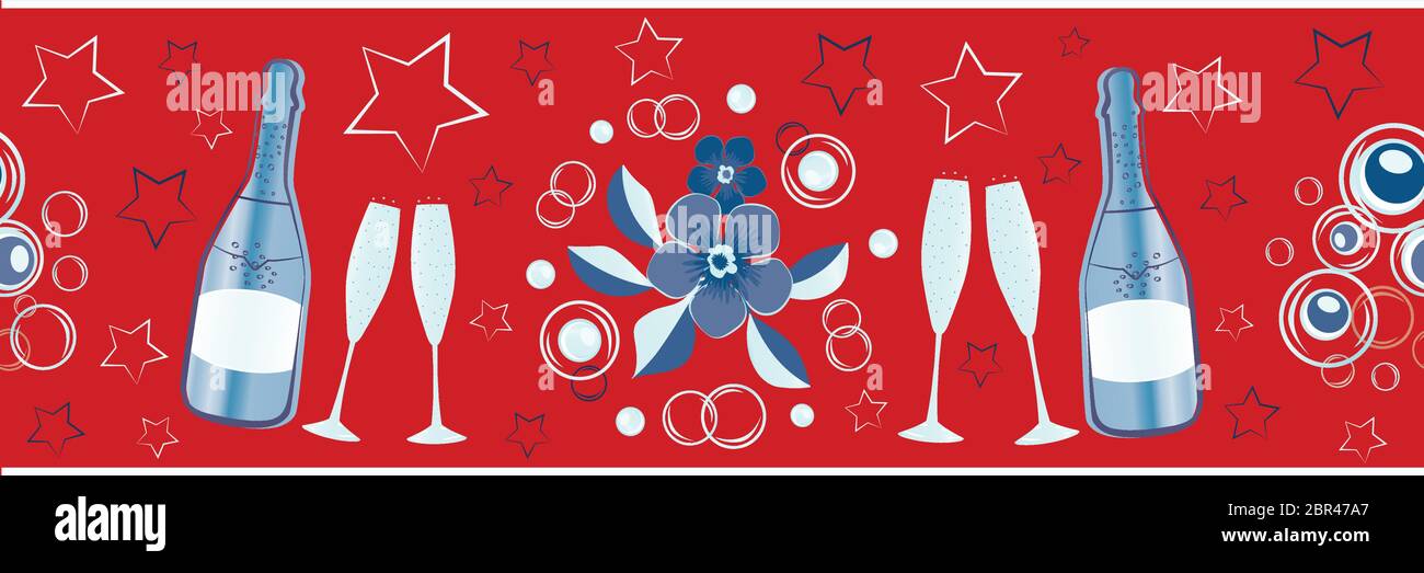 Champagne icons and stars vector seamless border. Champagne flutes ...