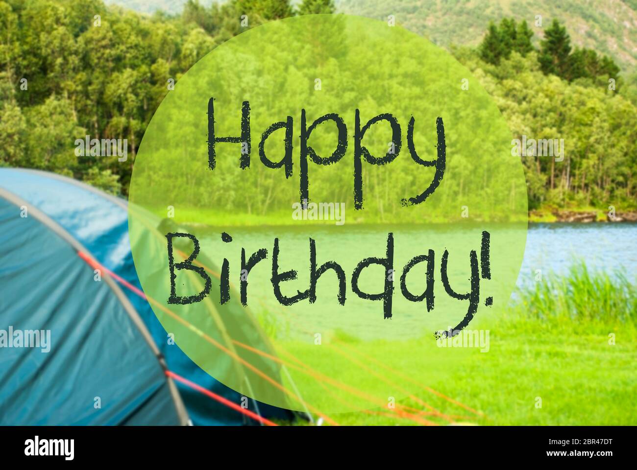 English Text Happy Birthday. Camping Holiday In Norway At Lake Or River ...