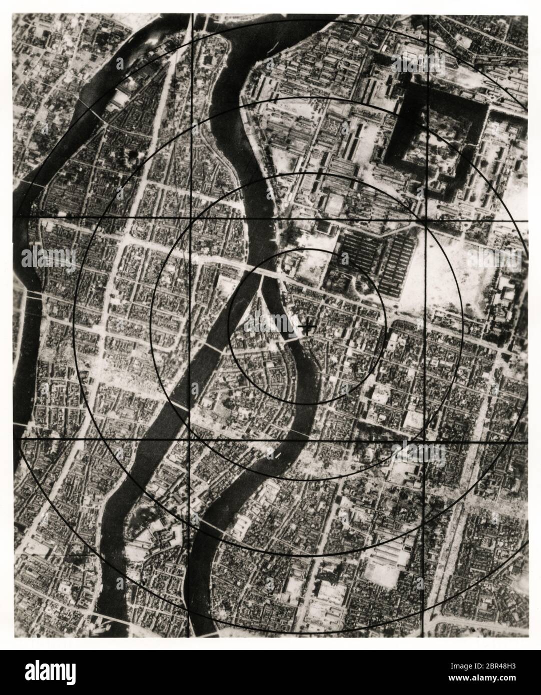 Aerial view of the city of Hiroshima, Japan, with the aiming point of ...