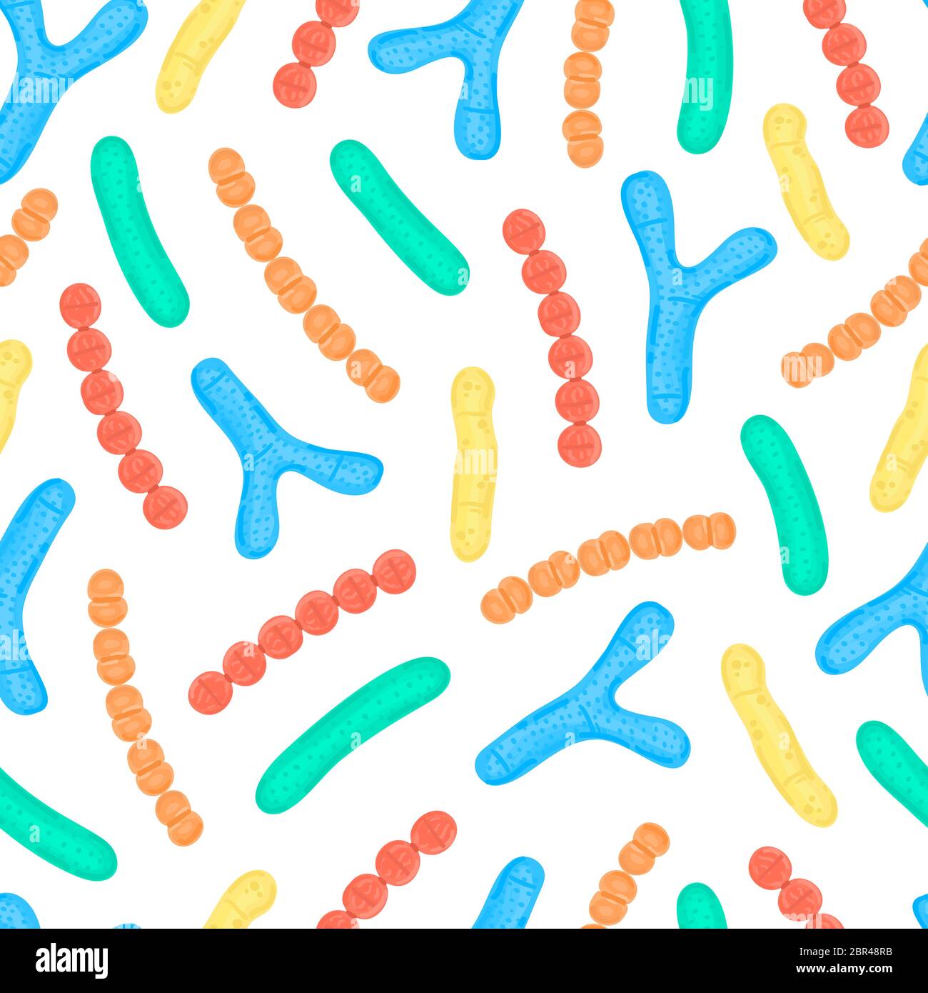Seamless pattern with probiotics. Bifidobacterium, lactobacillus ...