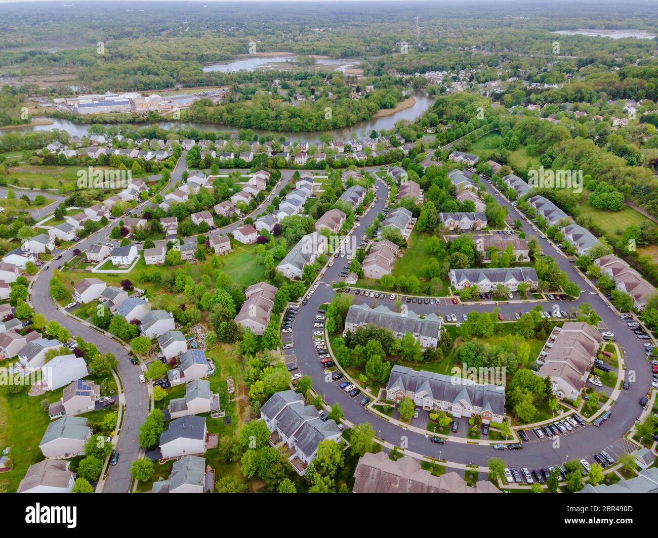 Aerial top view of small town urban landscape roofs of neighborhood ...