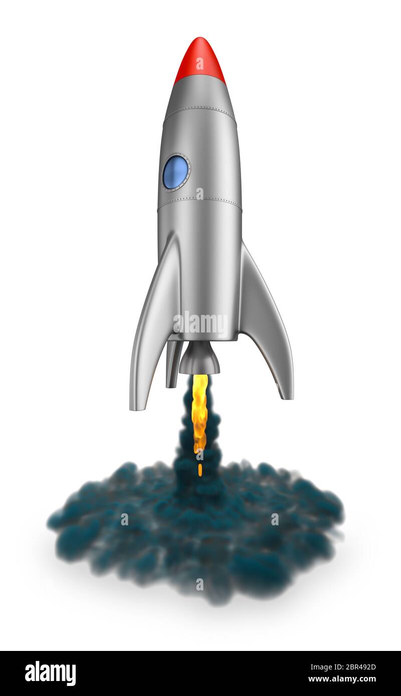 Rocket flies up with smoke and fire. 3d render Stock Photo - Alamy