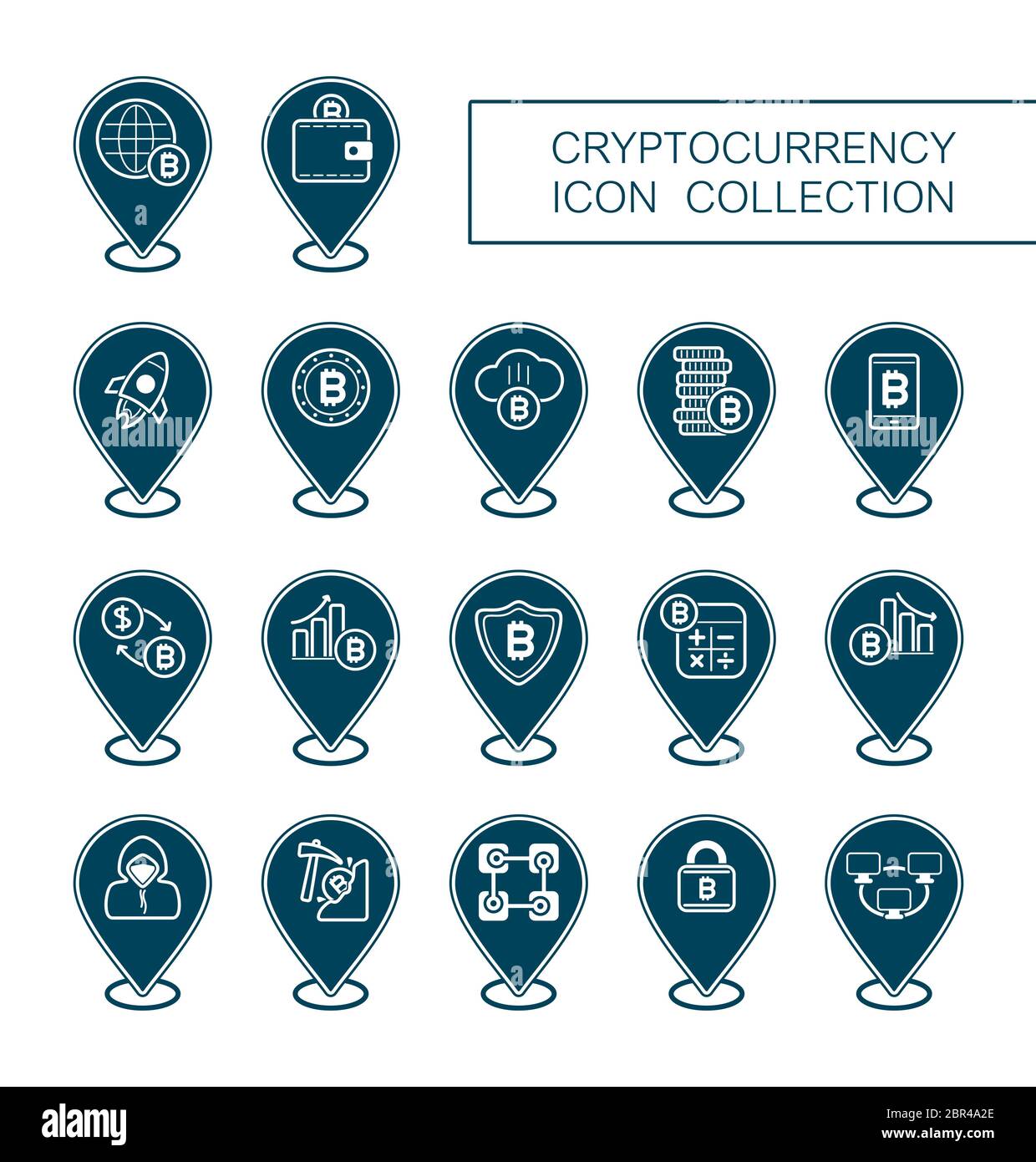 Cryptocurrency and blockchain pin map icons. Map pointer. Map markers. Vector design of ...