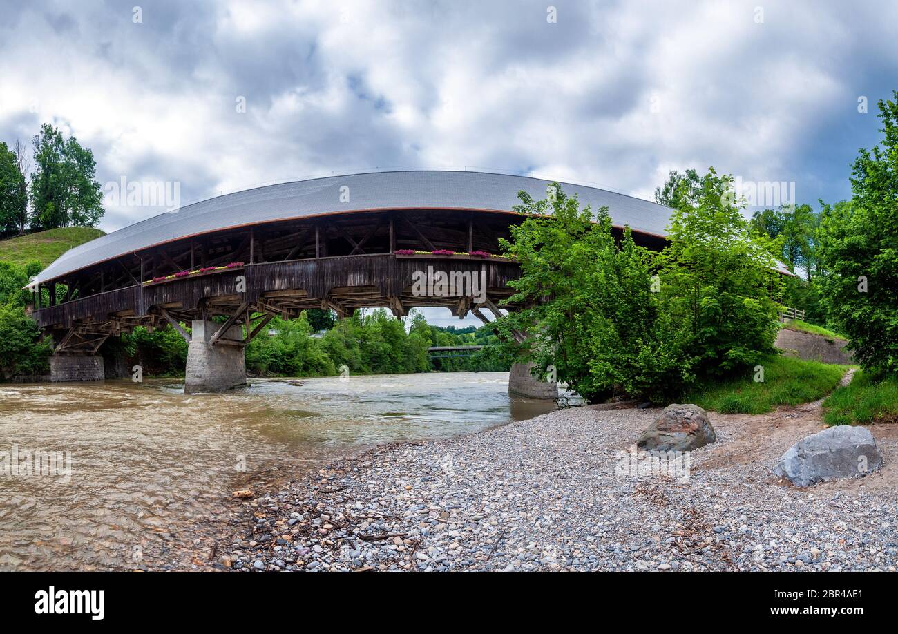 Wooden Covered Bridge across the River Thur, Switzerland Stock Photo ...