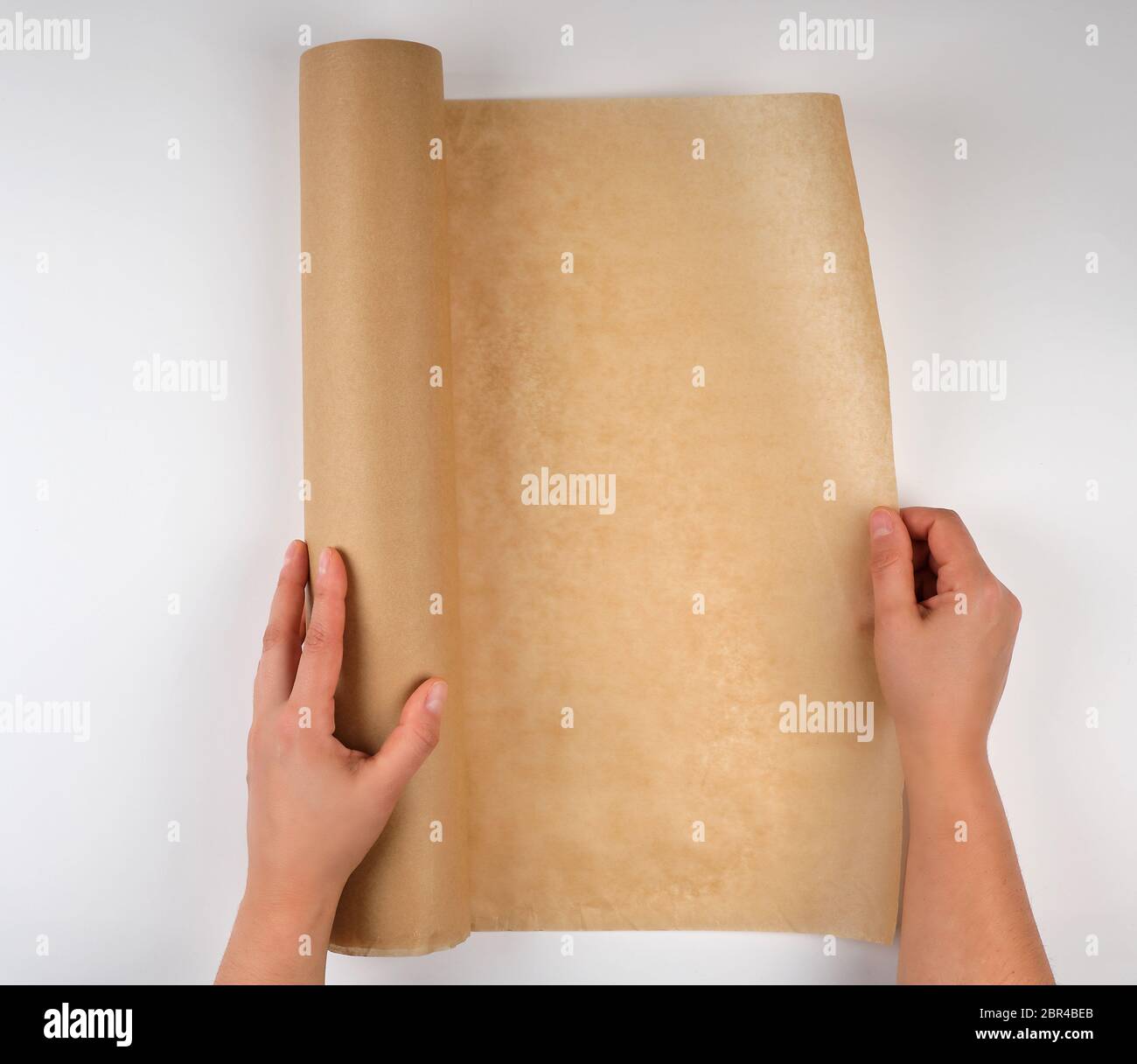 roll of brown parchment paper in female hands, white background, top ...