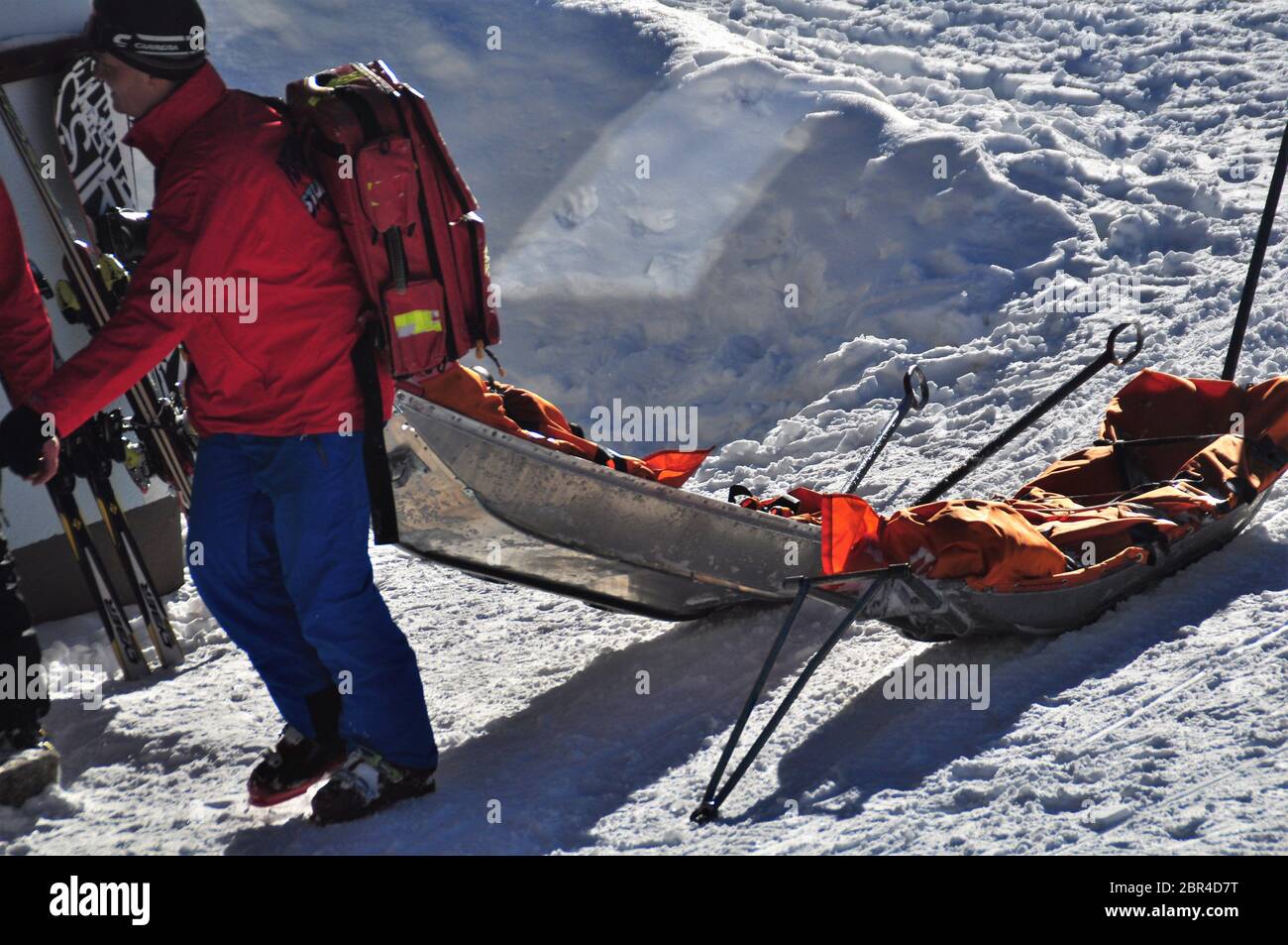 Rescue sleds outside the Rescue Base Ready for Emercency, in the alps ...