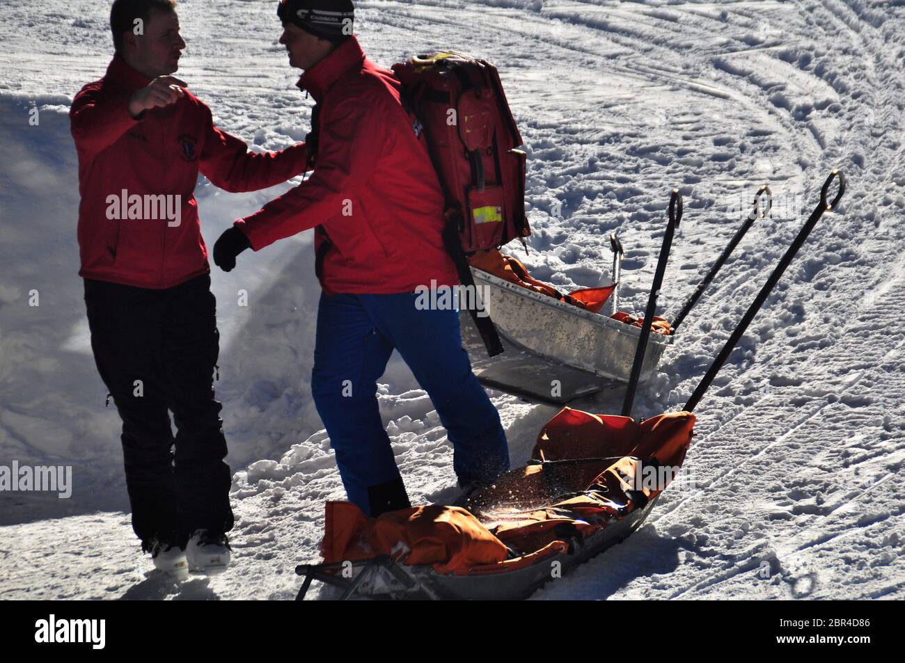 Rescue sleds outside the Rescue Base Ready for Emercency, in the alps ...