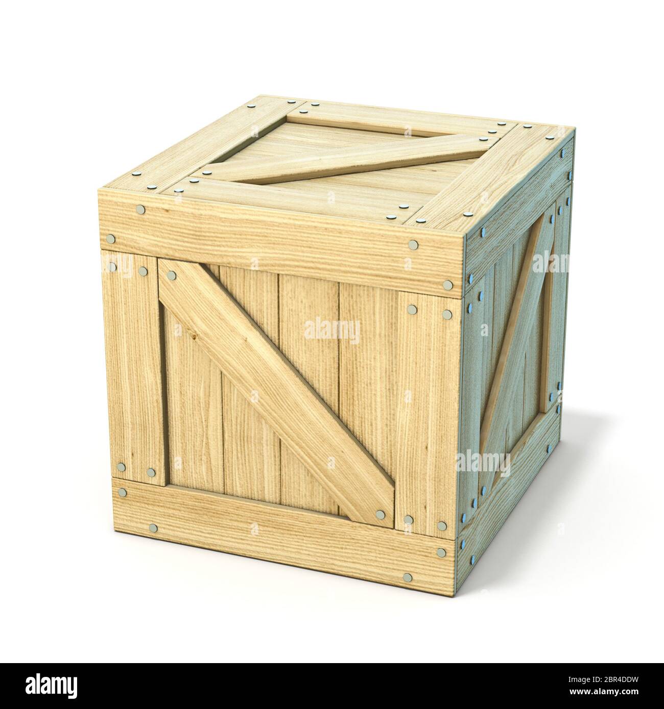 Wooden box side view 3D render illustration isolated on a white ...