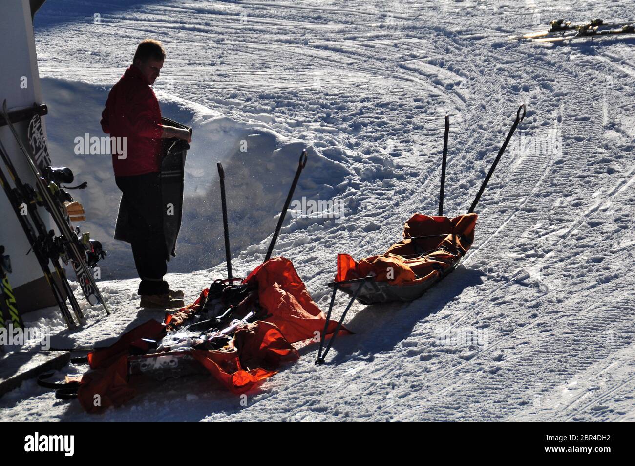 Rescue sleds outside the Rescue Base Ready for Emercency, in the alps ...