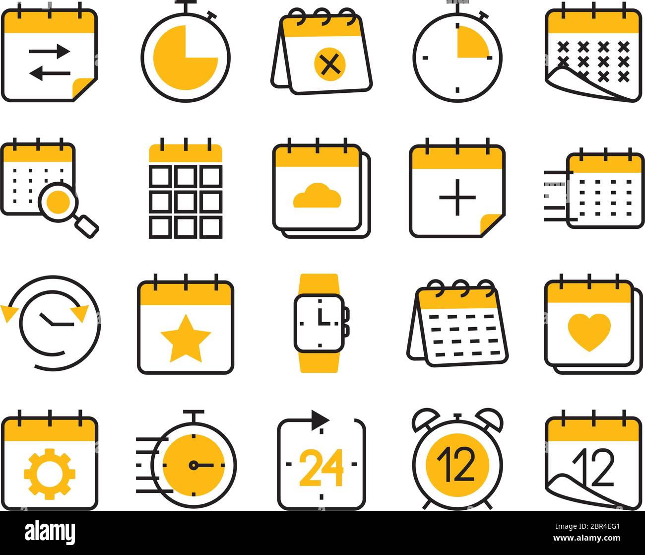 calendars and time icon set over white background, half line half color ...