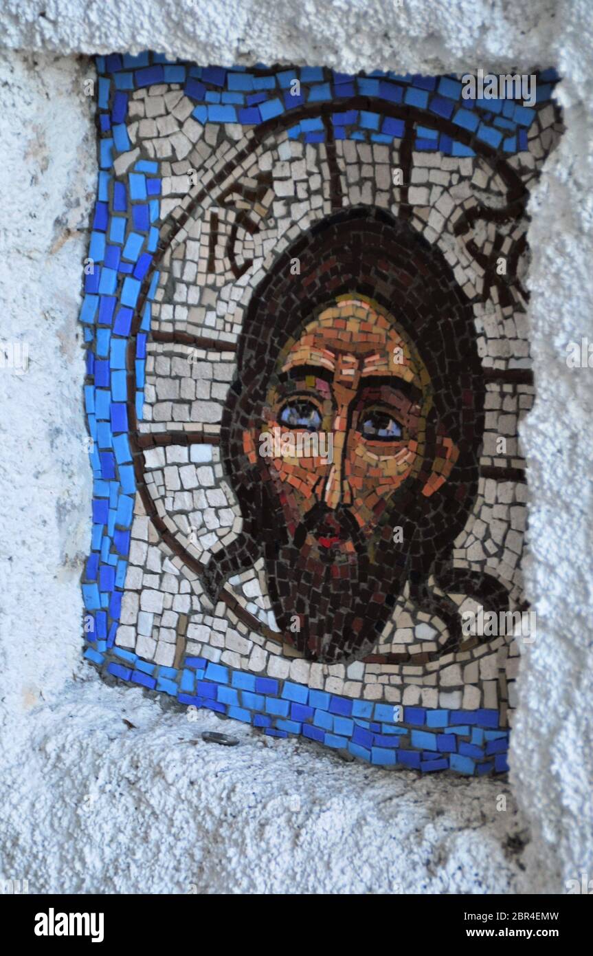 Mosaics in Ostrog monastery Montenegro. close up view on holy mosaic ...