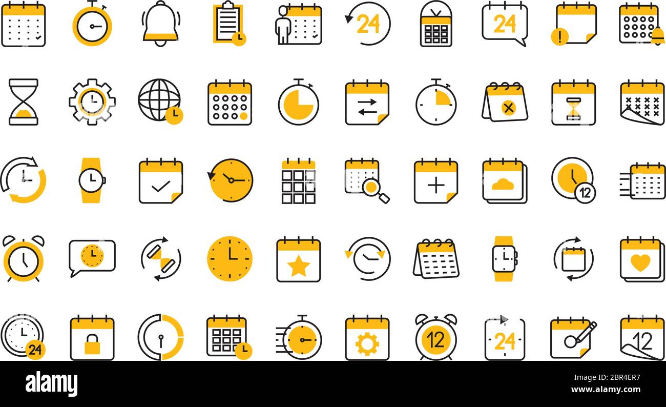 time and calendar icon set over white background, half line half color ...