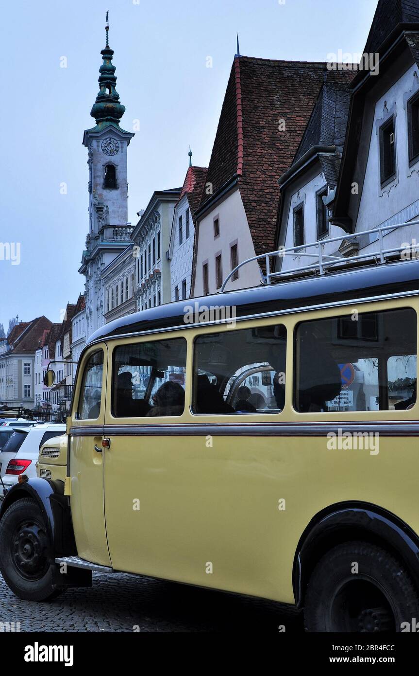 Old Original Steyr Saurer Post Bus on Main Square in Steyr touring from ...