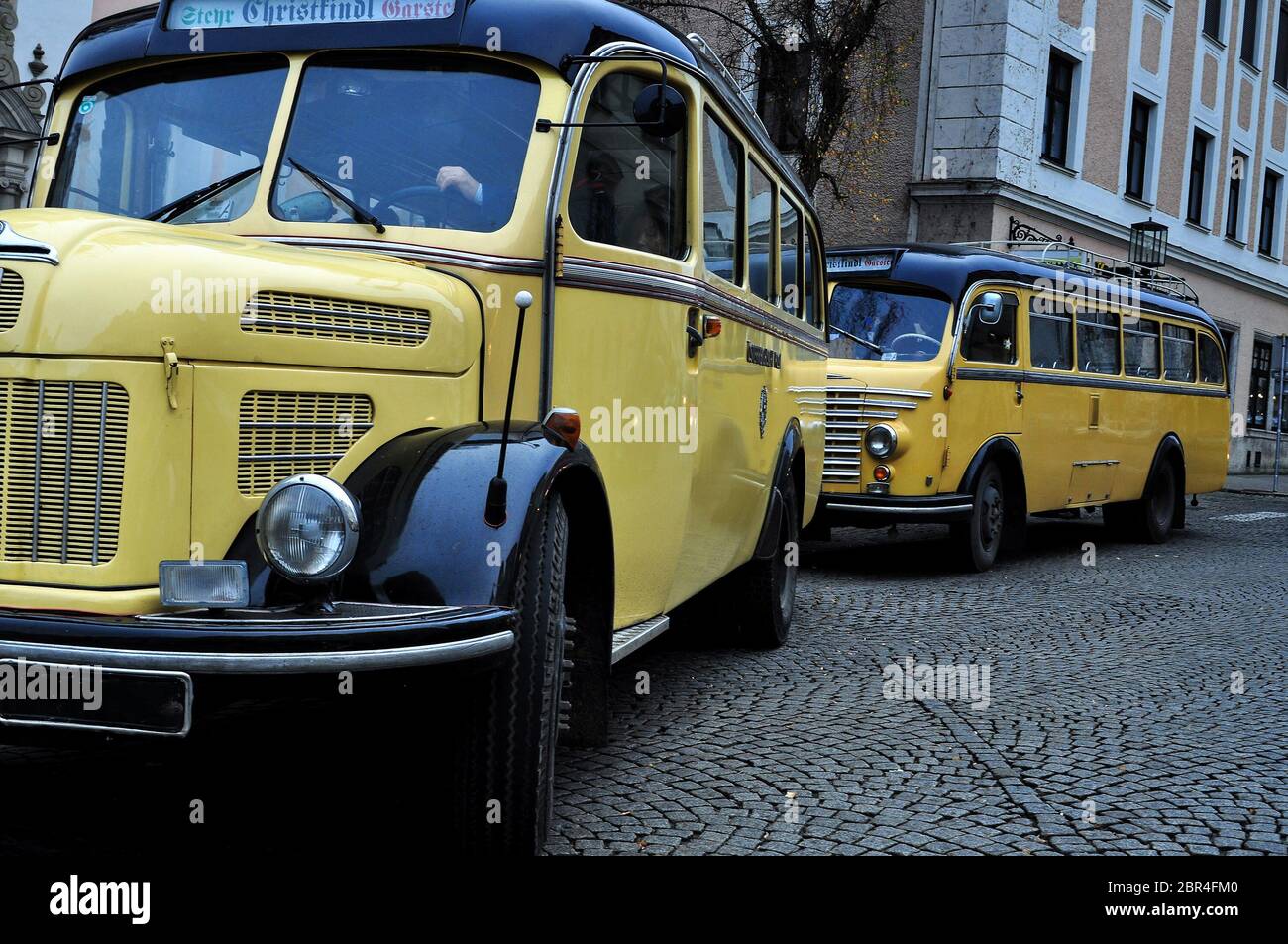 Old Original Steyr Saurer Post Bus on Main Square in Steyr touring from ...