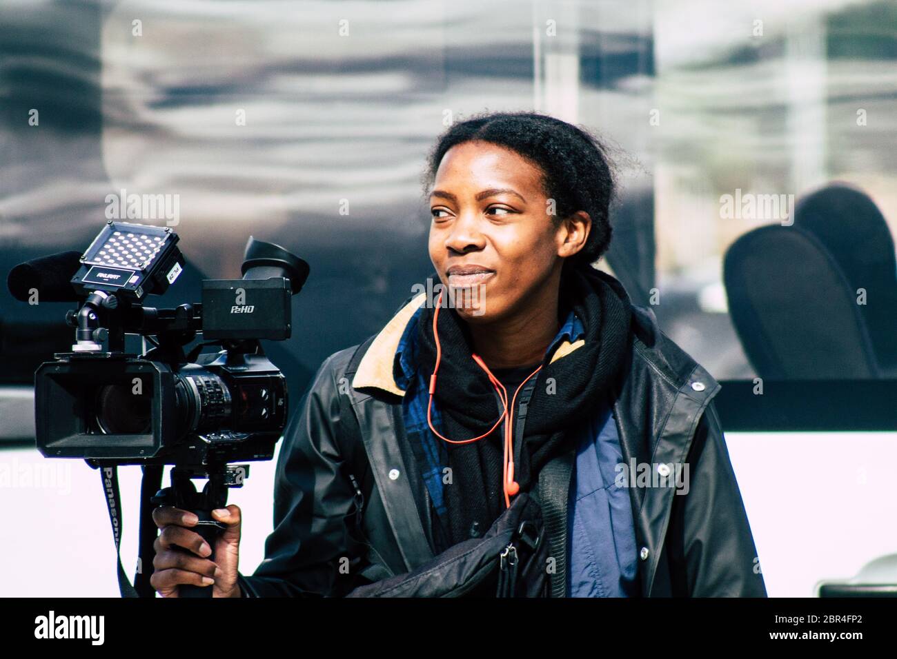 Paris France May 11, 2019 View of press journalist covering protests of ...
