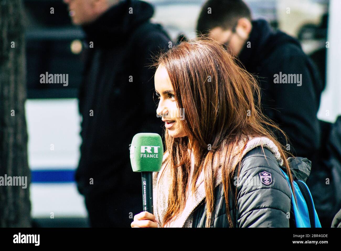 Paris France May 11, 2019 View of press journalist covering protests of ...