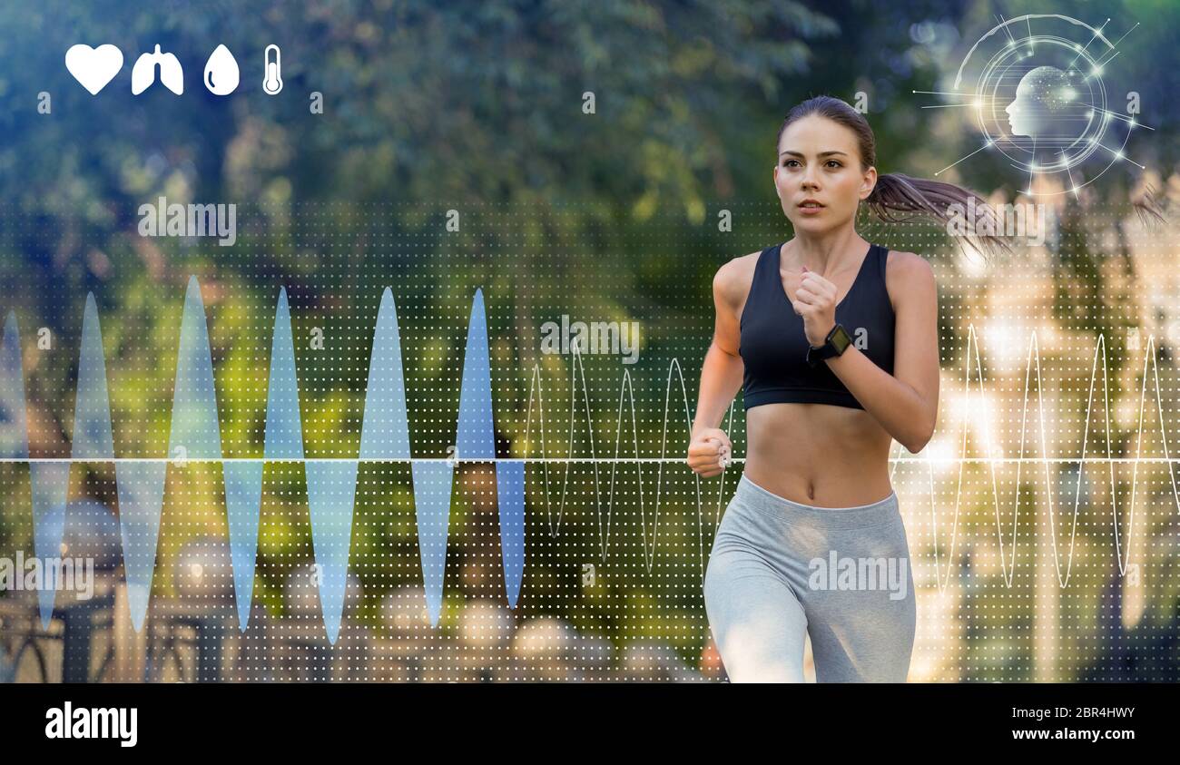 Girl jogging in park. Double screen with activity indicators Stock ...