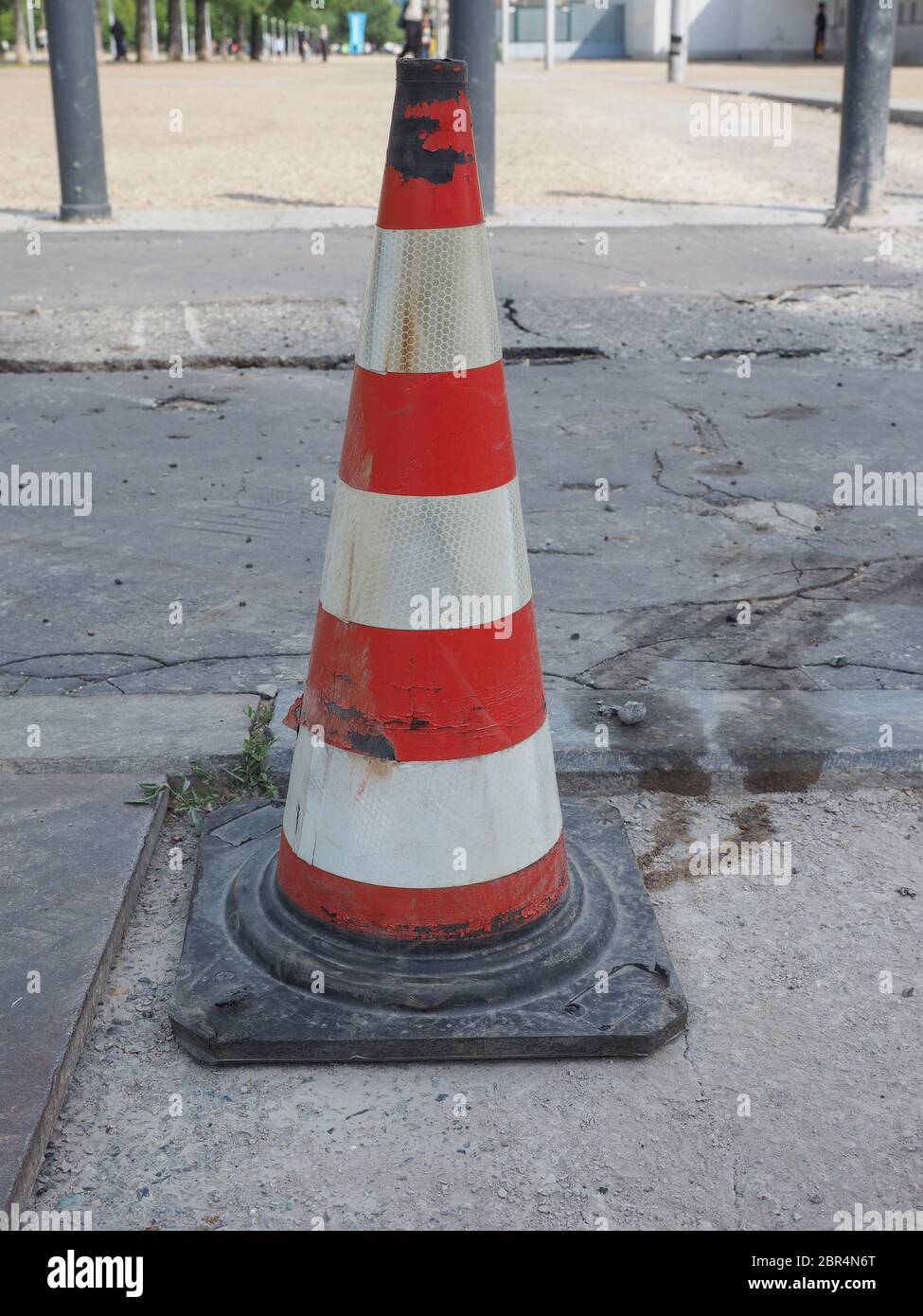 traffic cone to mark road works or temporary obstruction traffic sign ...