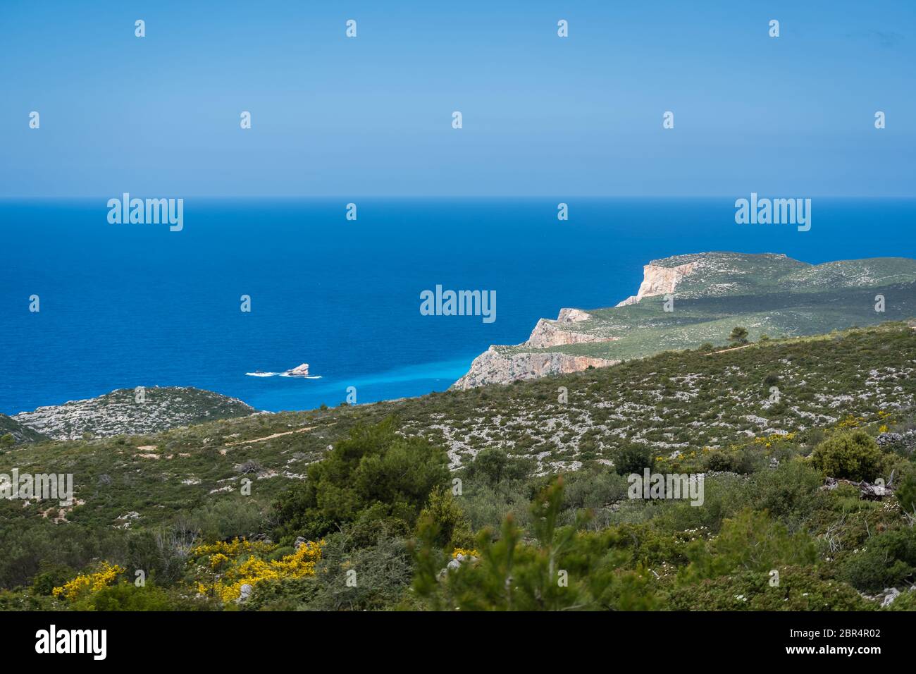 Panoramic view of the cliffs near Shipwreck Cove in summer on Zante ...