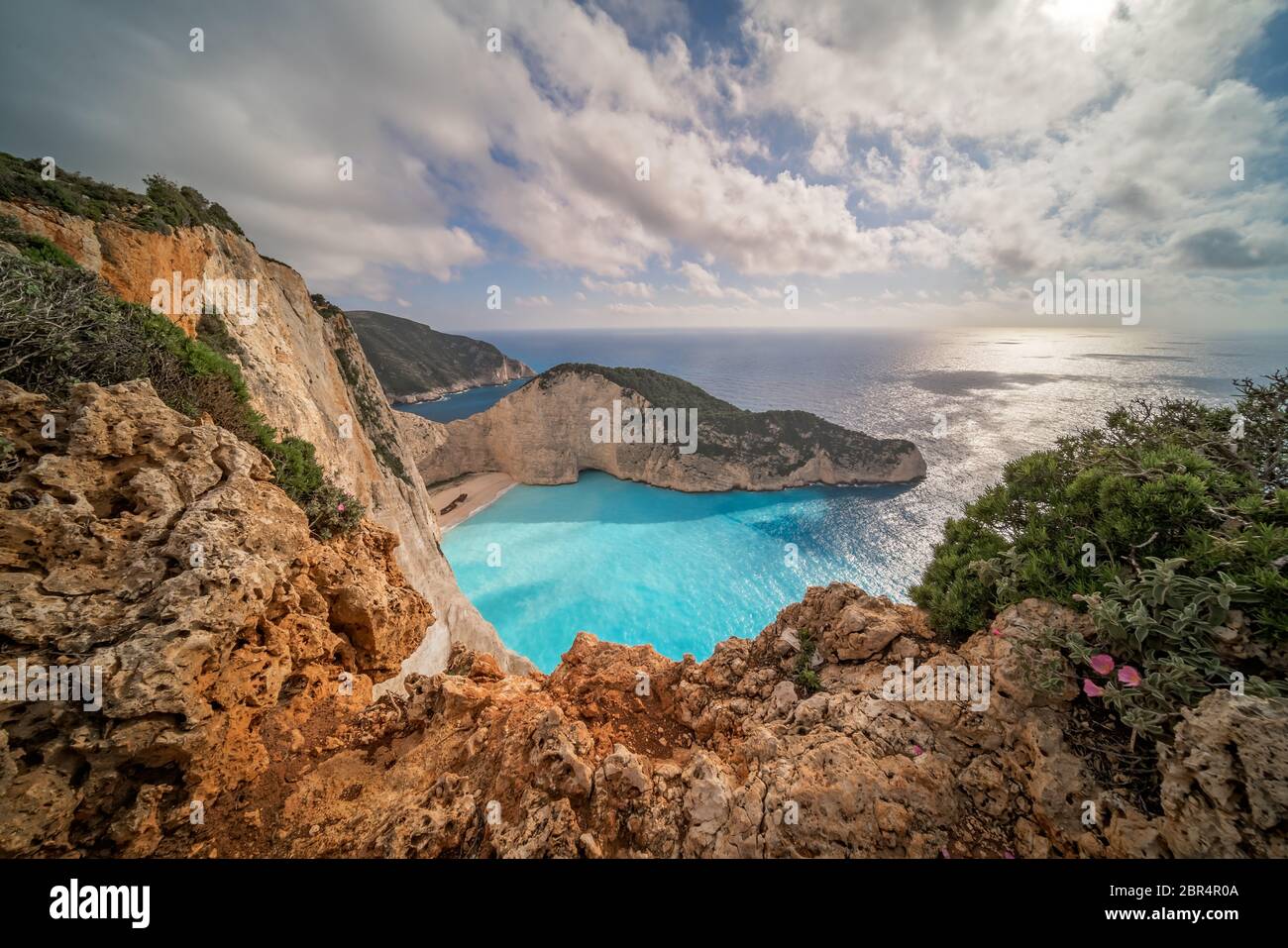 Stunning view of the cliffs in Shipwreck Cove in summer on Zante Island ...