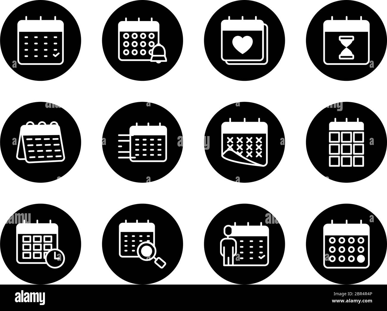magnifying glass and calendar icon set over white background, block ...