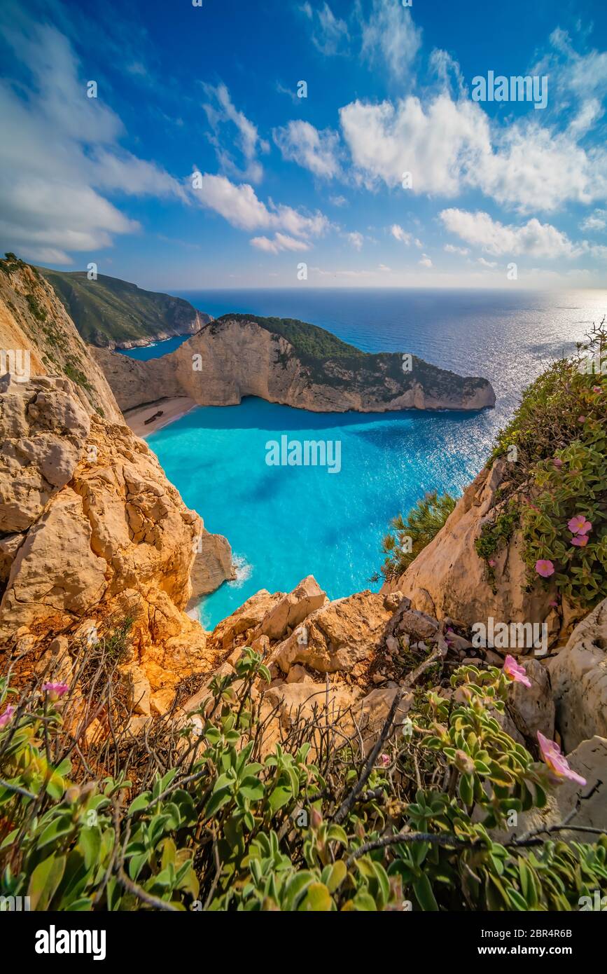 Stunning view of the cliffs in Shipwreck Cove in summer on Zante Island ...