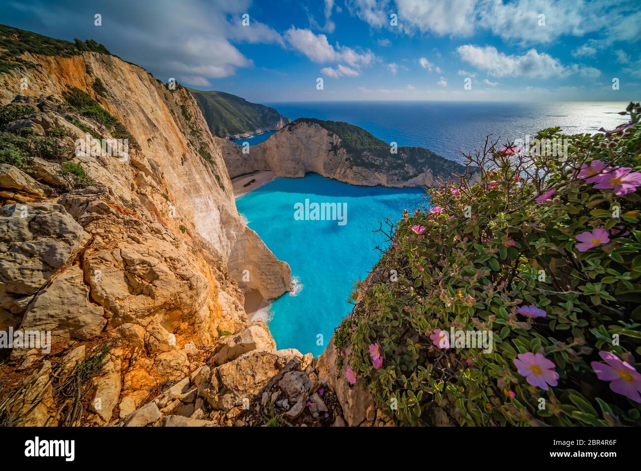Stunning view of the cliffs in Shipwreck Cove in summer on Zante Island ...