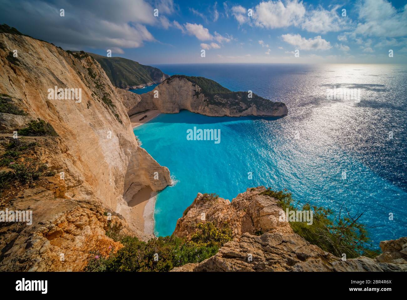 Stunning view of the cliffs in Shipwreck Cove in summer on Zante Island ...