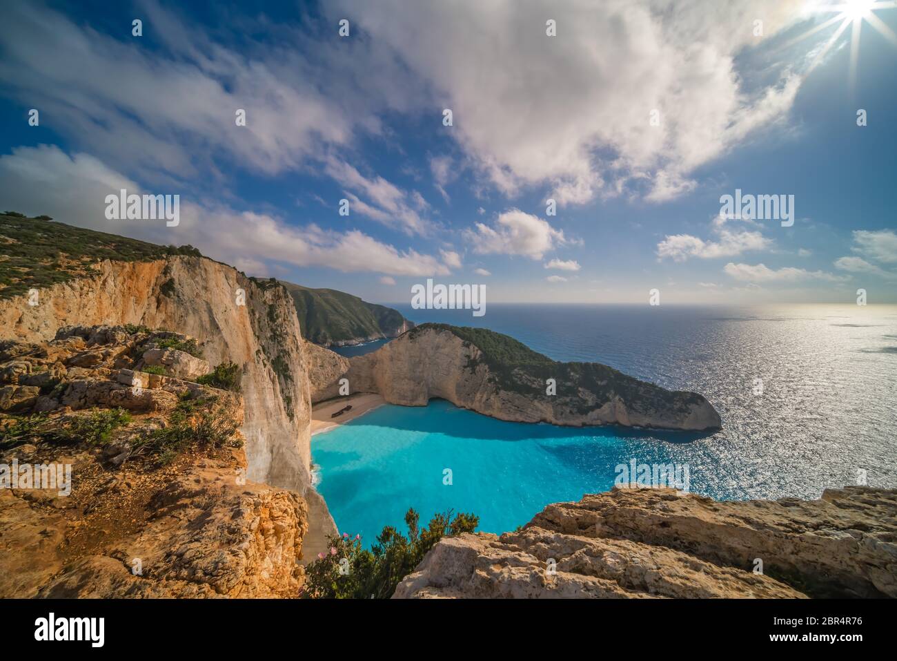 Stunning view of the cliffs in Shipwreck Cove in summer on Zante Island ...